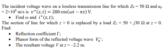 Solved The incident voltage wave on a lossless transmission | Chegg.com