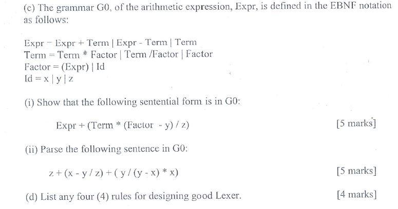 Solved (c) The grammar GO, of the arithmetic expression, | Chegg.com