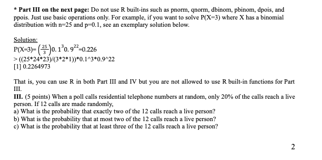 Solved * Part III on the next page: Do not use R built-ins | Chegg.com