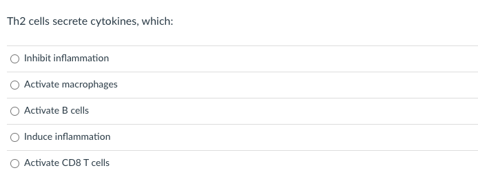 Solved Th2 cells secrete cytokines, which: Inhibit | Chegg.com
