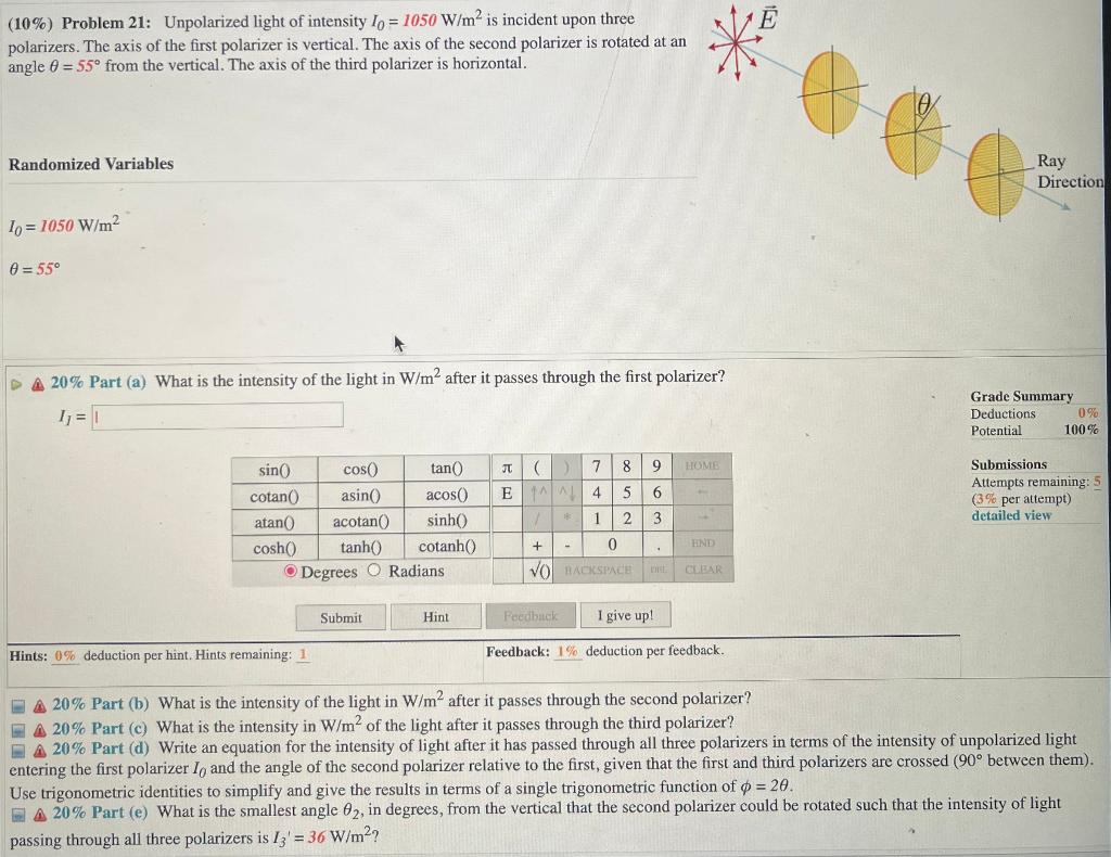 Solved (10\%) Problem 21: Unpolarized light of intensity | Chegg.com