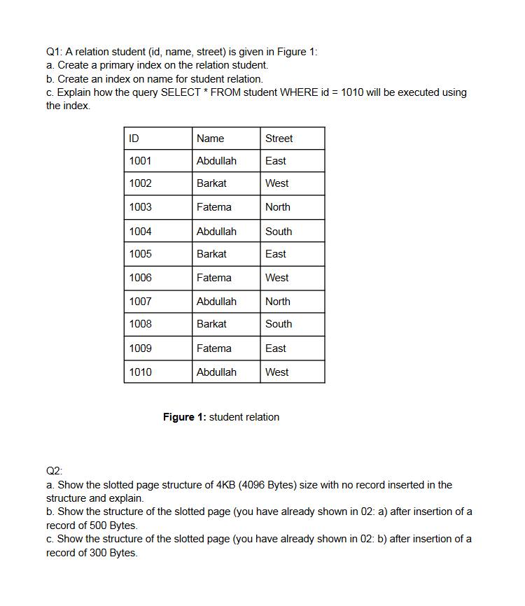 Solved Q1: A relation student (id, name, street) is given in | Chegg.com