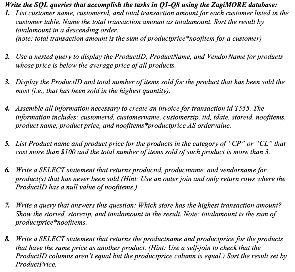 Solved SQL queries. Zagimore database below USE | Chegg.com