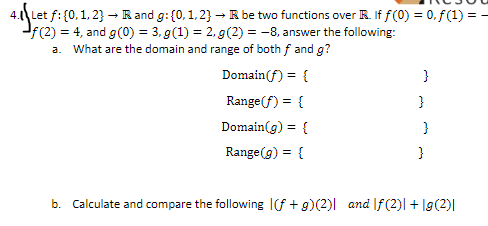 Solved 4.1 Let f:{0,1,2}→R and g:{0,1,2}→R be two functions | Chegg.com