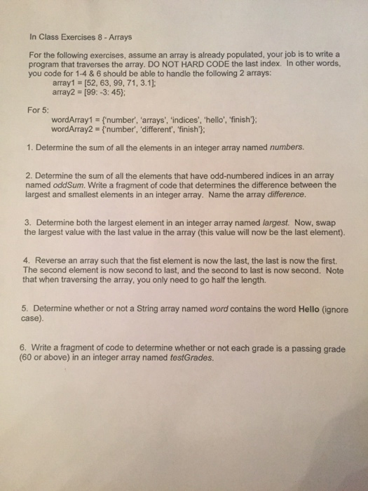 Solved In Class Exercises 8-Arrays For the following | Chegg.com