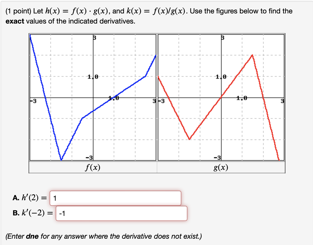 Solved (1 point) Let h(x)=f(x)⋅g(x), and k(x)=f(x)/g(x). Use | Chegg.com