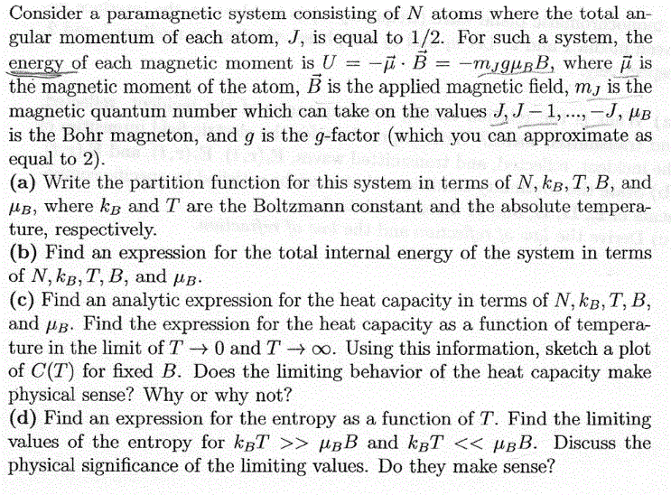 Solved STAT MECH: Consider a paramagnetic system of N atoms | Chegg.com