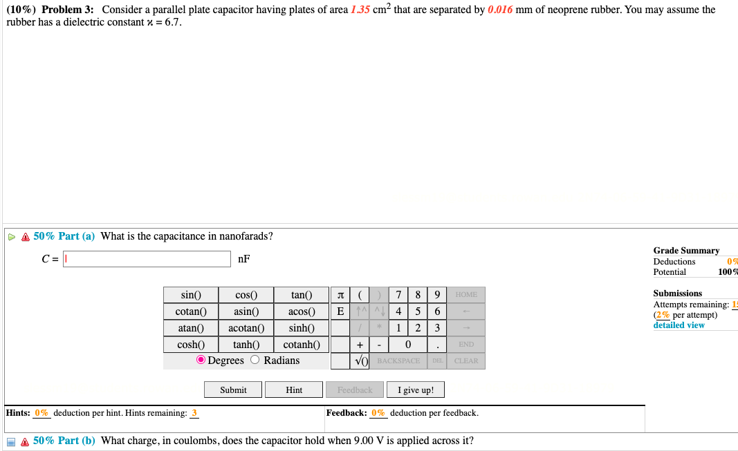 Solved (10\%) Problem 3: Consider a parallel plate capacitor | Chegg.com