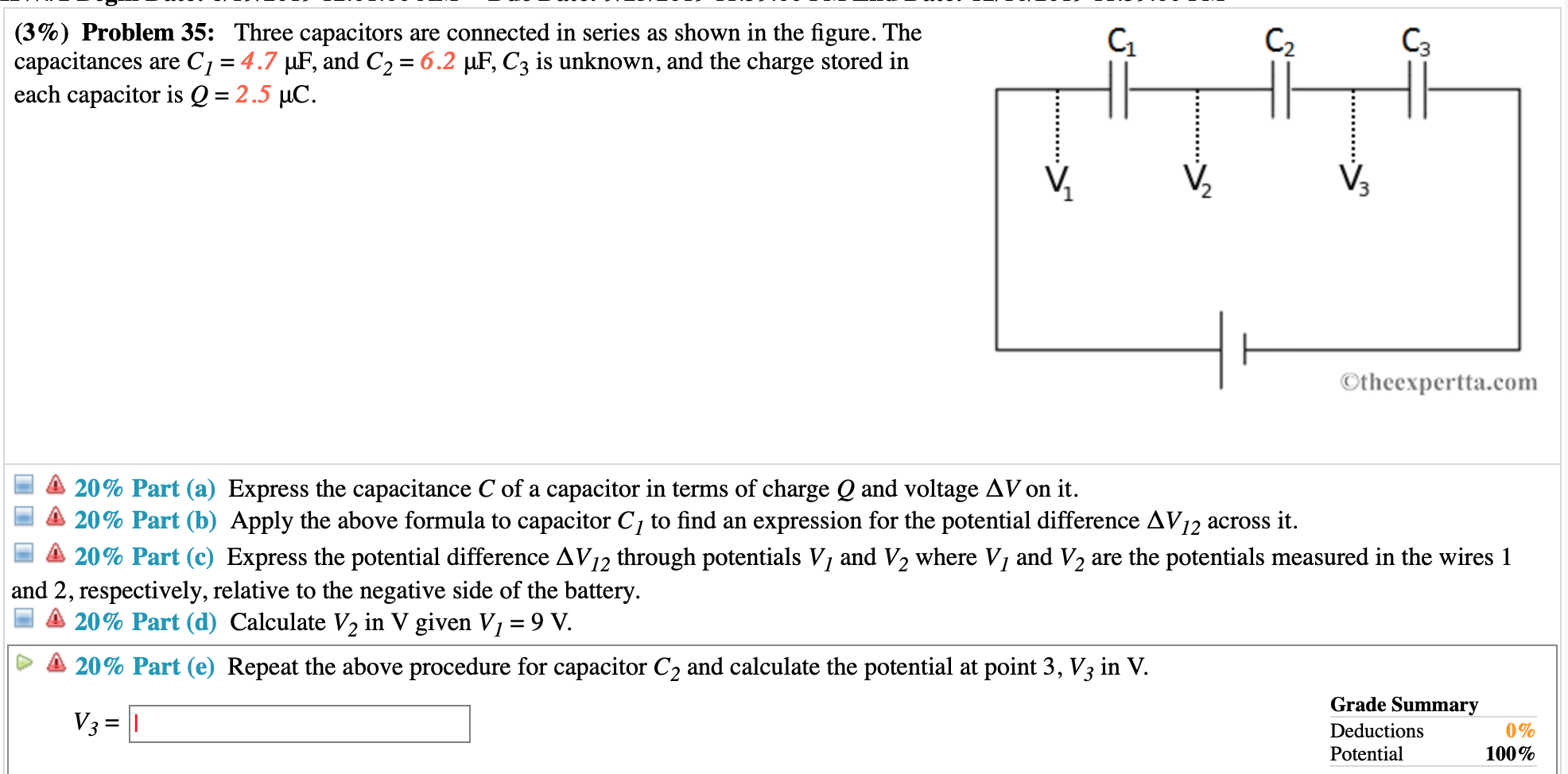 Solved (3%) Problem 35: capacitances each capacitor is Q | Chegg.com