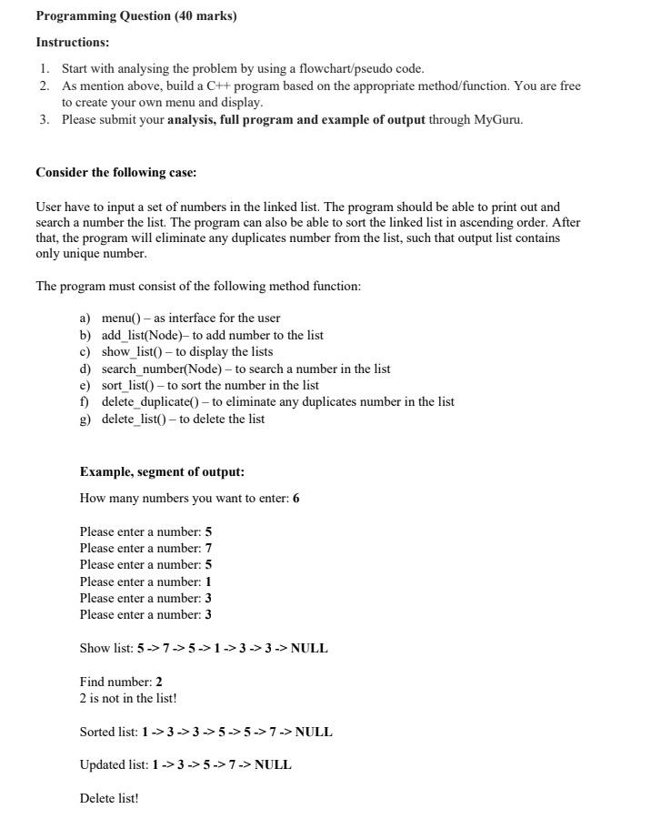 Solved Programming Question (40 marks) Instructions: 1. | Chegg.com