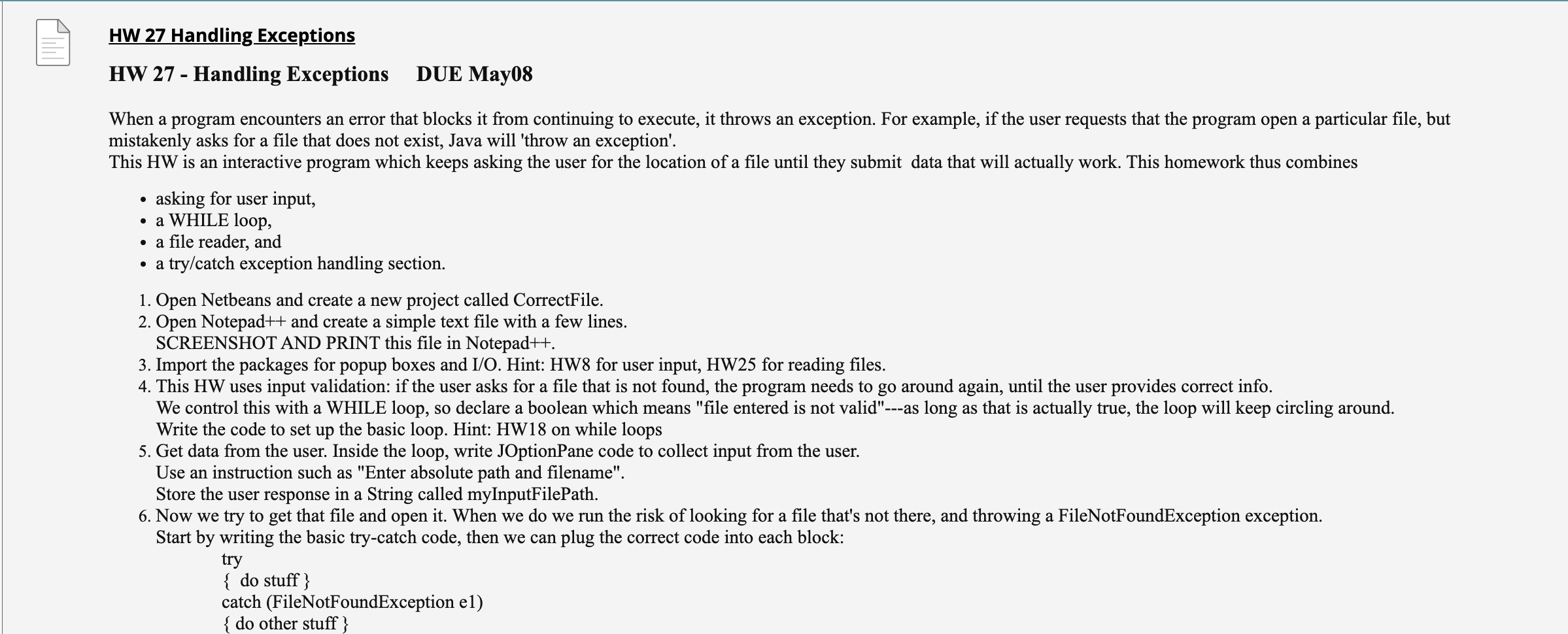 HW 27 - Handling Exceptions DUE May08 When a program | Chegg.com