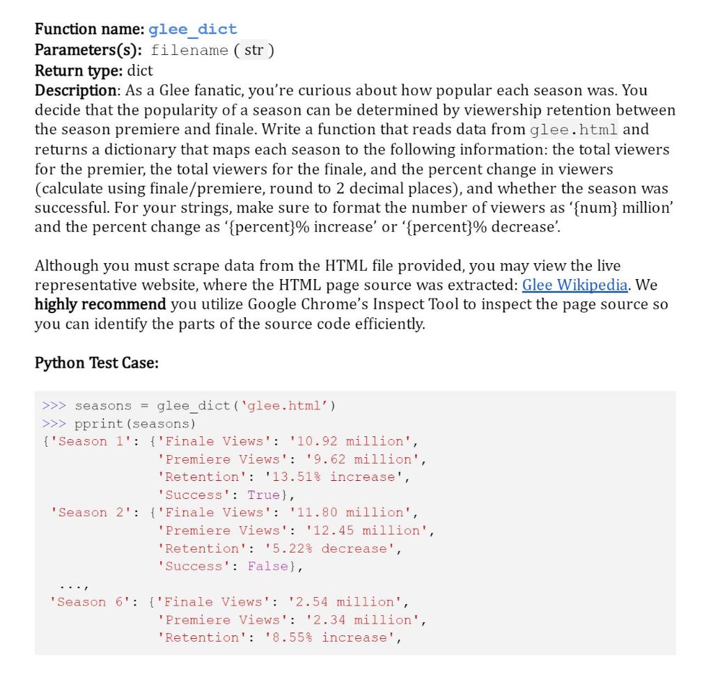 Function name: glee_dict Parameters(s): filename ( | Chegg.com