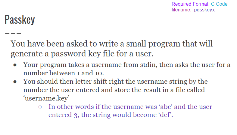 Solved Required Format: C Code filename: passkey.c Passkey | Chegg.com