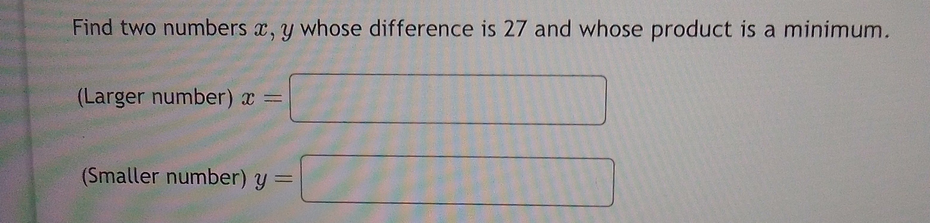 Solved Find two numbers x,y ﻿whose difference is 27 ﻿and | Chegg.com