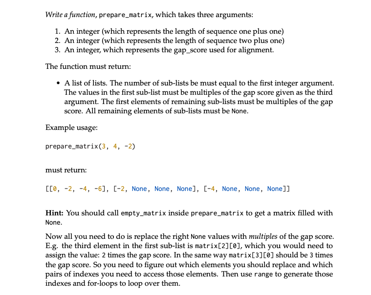 Solved Write a function, prepare_matrix, which takes three | Chegg.com