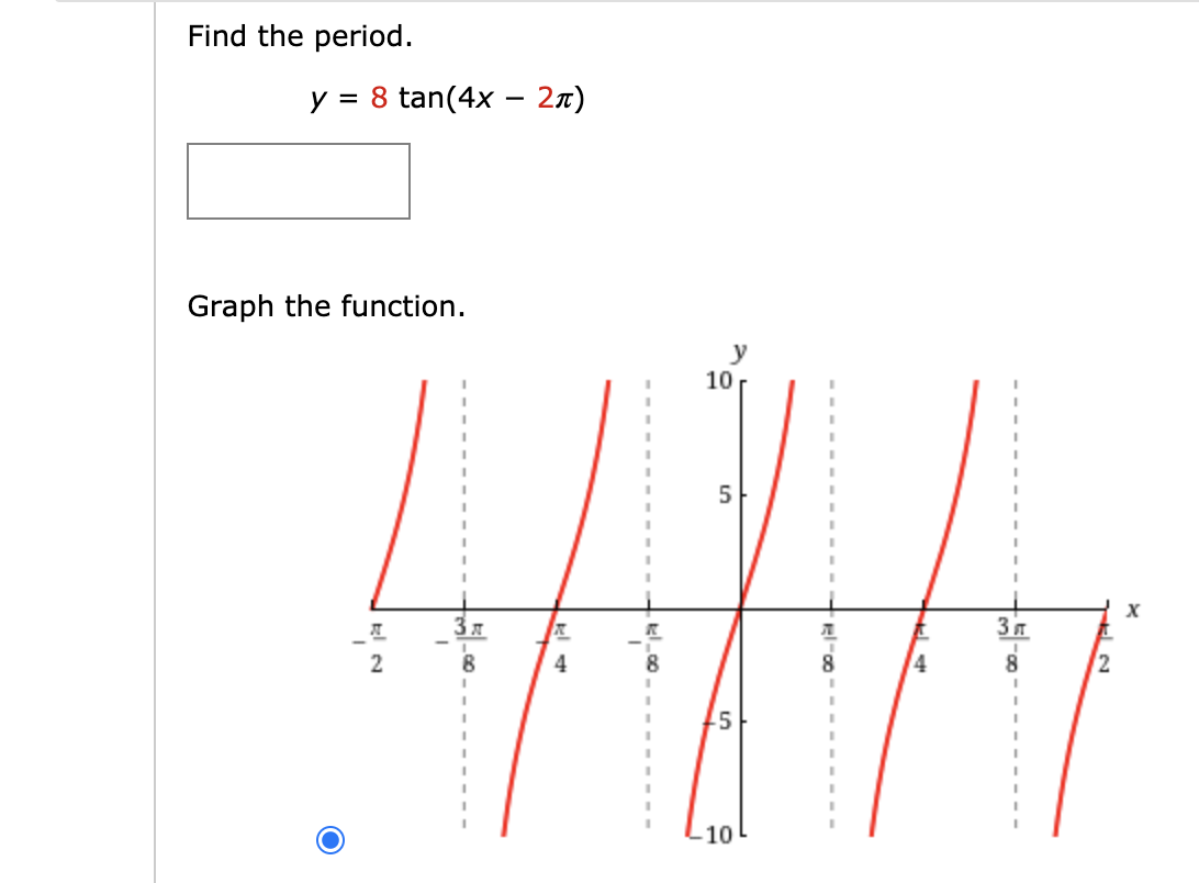 Solved Find the period. y = 8 tan(4x – 21) Graph the | Chegg.com