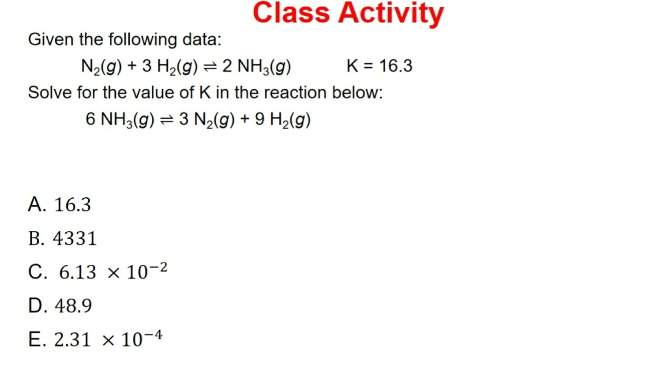 Solved Given the following data: N2(g)+3H2(g)⇌2NH3(g)K=16.3 | Chegg.com