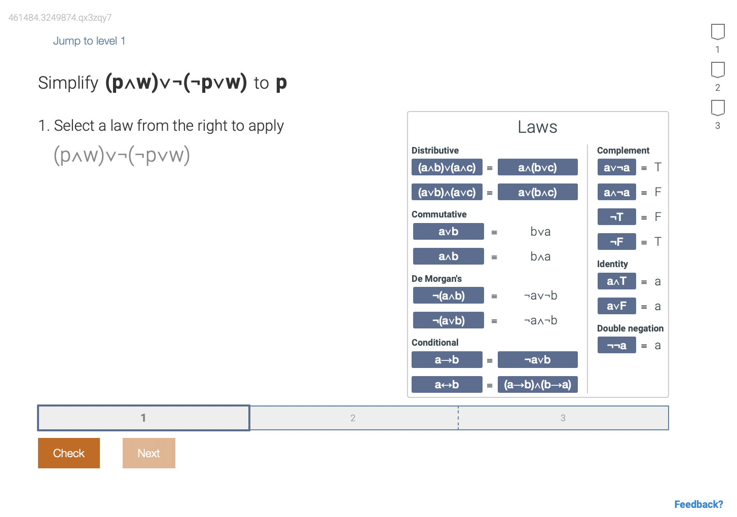 Solved Simplify (p∧w)∨¬(¬p∨w) to p 1. Select a law from the | Chegg.com