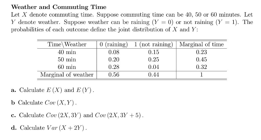 Solved Weather and Commuting Time Let X denote commuting | Chegg.com