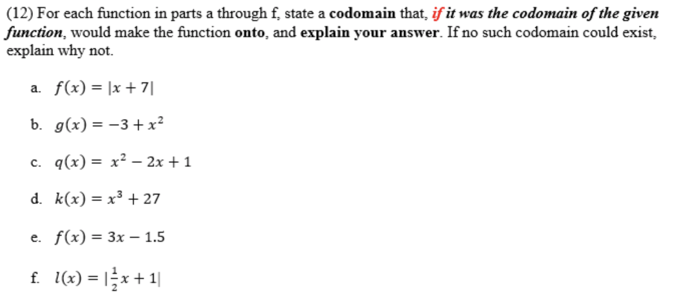 Solved (12) For each function in parts a through f, state a | Chegg.com