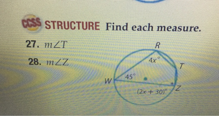 Solved COSS STRUCTURE Find each measure. 27. mT 4x 28. mLZ | Chegg.com