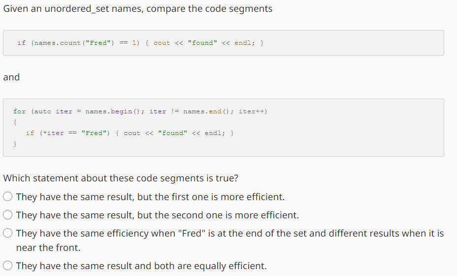 Solved Given An Unorderedset Names Compare The Code 