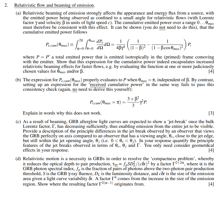 Relativistic beaming of emission strongly | Chegg.com