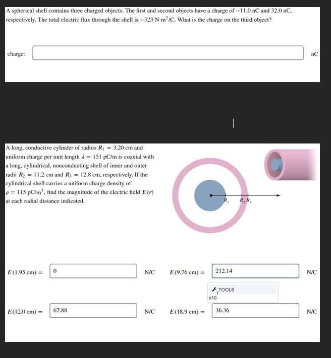 Solved A spherical shell contains three charged objects. The | Chegg.com