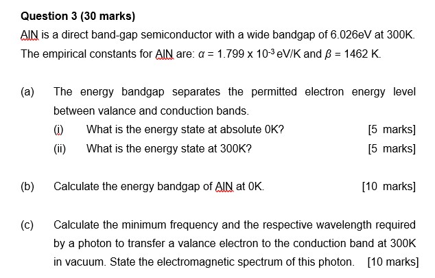Solved Question 3 (30 ﻿marks)AlN is a direct band-gap | Chegg.com