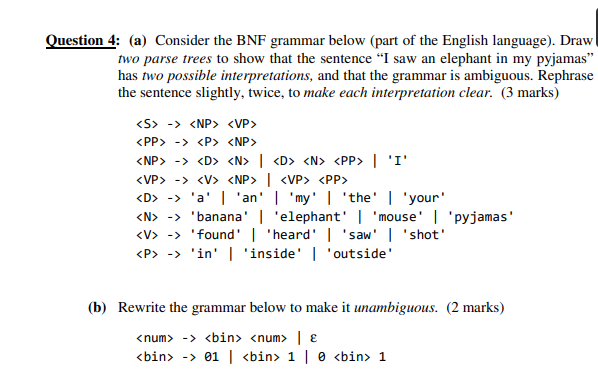 Solved Question 4: (a) Consider the BNF grammar below (part | Chegg.com