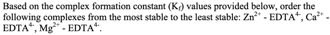 Based on the complex formation constant (Kf) values | Chegg.com