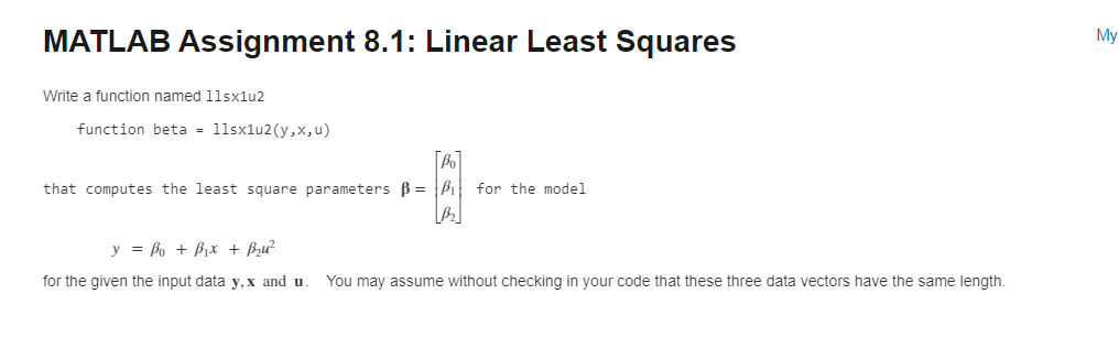 Solved MATLAB Assignment 8.1: Linear Least Squares Write a | Chegg.com