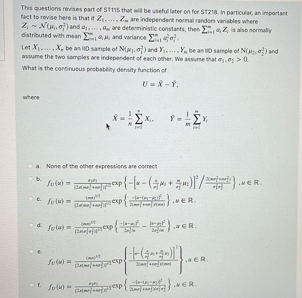 Solved This questions revises part of ST115 that will be | Chegg.com