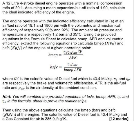Solved A 12 Litre 4-stroke diesel engine operates with a | Chegg.com