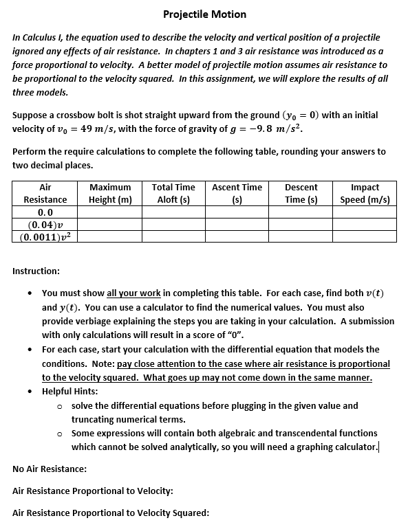 Solved Projectile Motion In Calculus I, the equation used to | Chegg.com