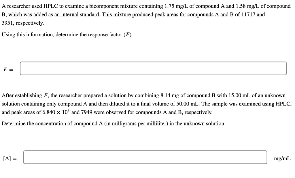Solved A researcher used HPLC to examine a bicomponent | Chegg.com
