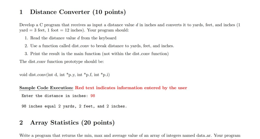 Solved 1 Distance Converter (10 points) Develop a C program | Chegg.com