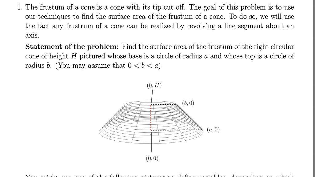 Solved 1. The frustum of a cone is a cone with its tip cut | Chegg.com