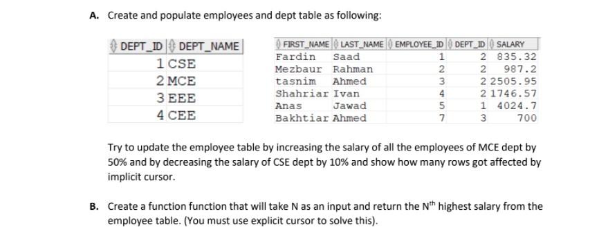 Solved A. Create and populate employees and dept table as | Chegg.com