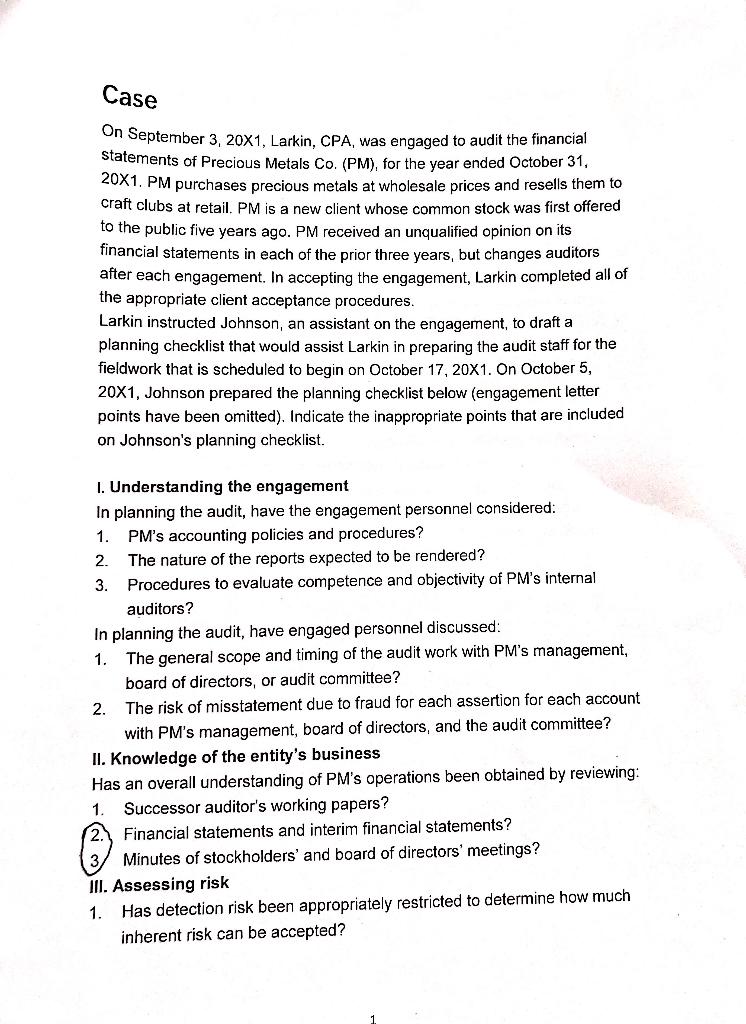 Case On September 3, 20x1, Larkin, CPA, was engaged | Chegg.com