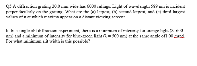 Solved Q5 A diffraction grating 20.0 mm wide has 6000 | Chegg.com