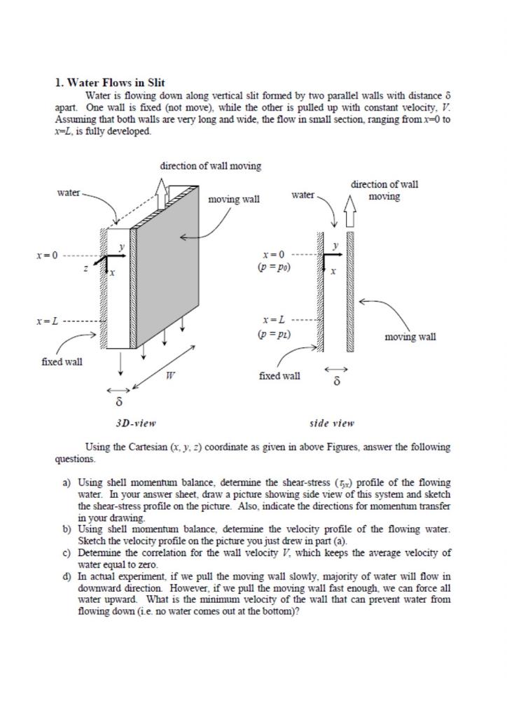 Solved 1. Water Flows in Slit Water is flowing down along | Chegg.com
