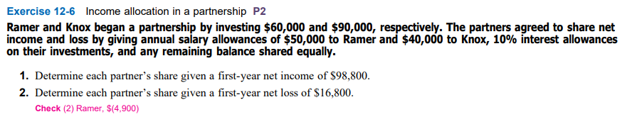 Solved Exercise 12-6 Income allocation in a partnership P2 | Chegg.com