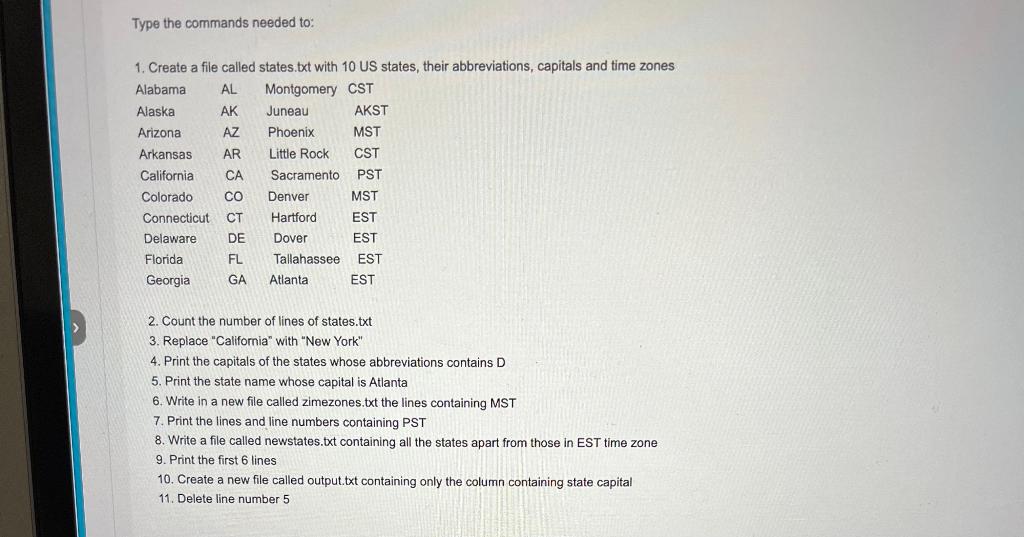 Solved Type the commands needed to: 1. Create a file called | Chegg.com