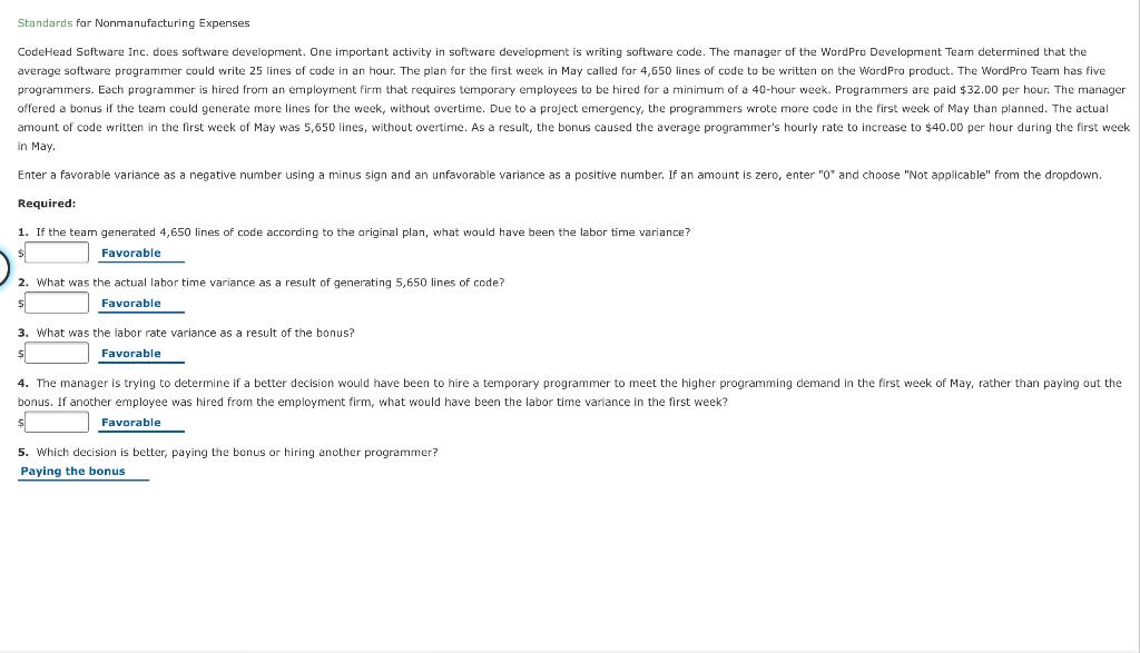 Solved Standards for Nonmanufacturing Expenses CodeHead | Chegg.com