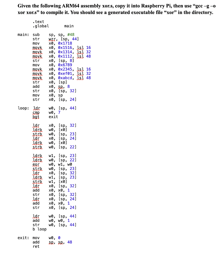 Given the following ARM64 assembly xor.s, copy it | Chegg.com