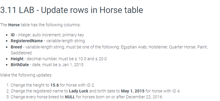 Solved 3.11 LAB - Update rows in Horse table The Horse table | Chegg.com