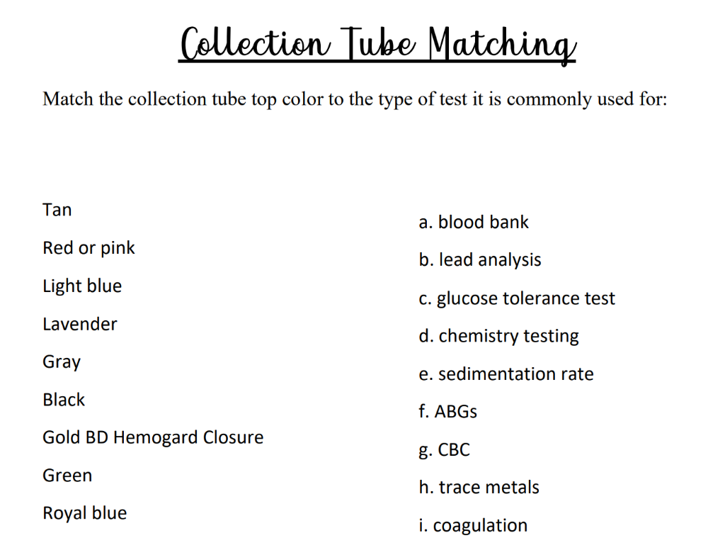 Solved Collection Tube Matching Match the collection tube | Chegg.com