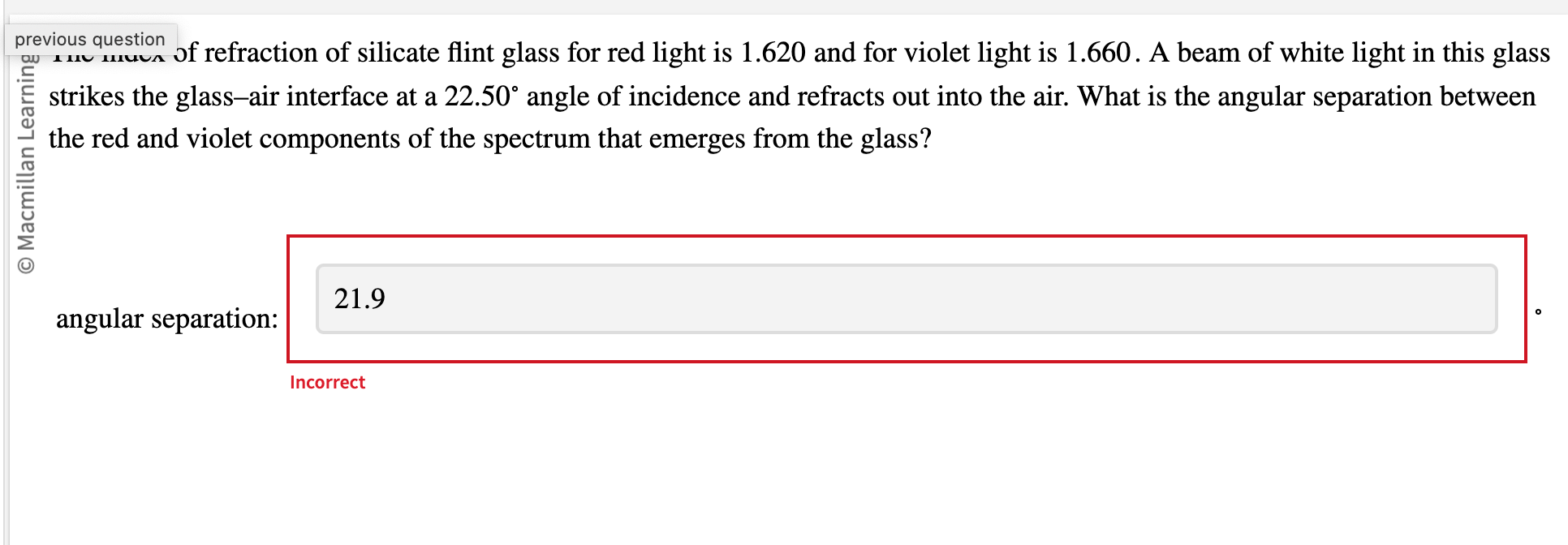 Solved previous question of inu mun of refraction of | Chegg.com