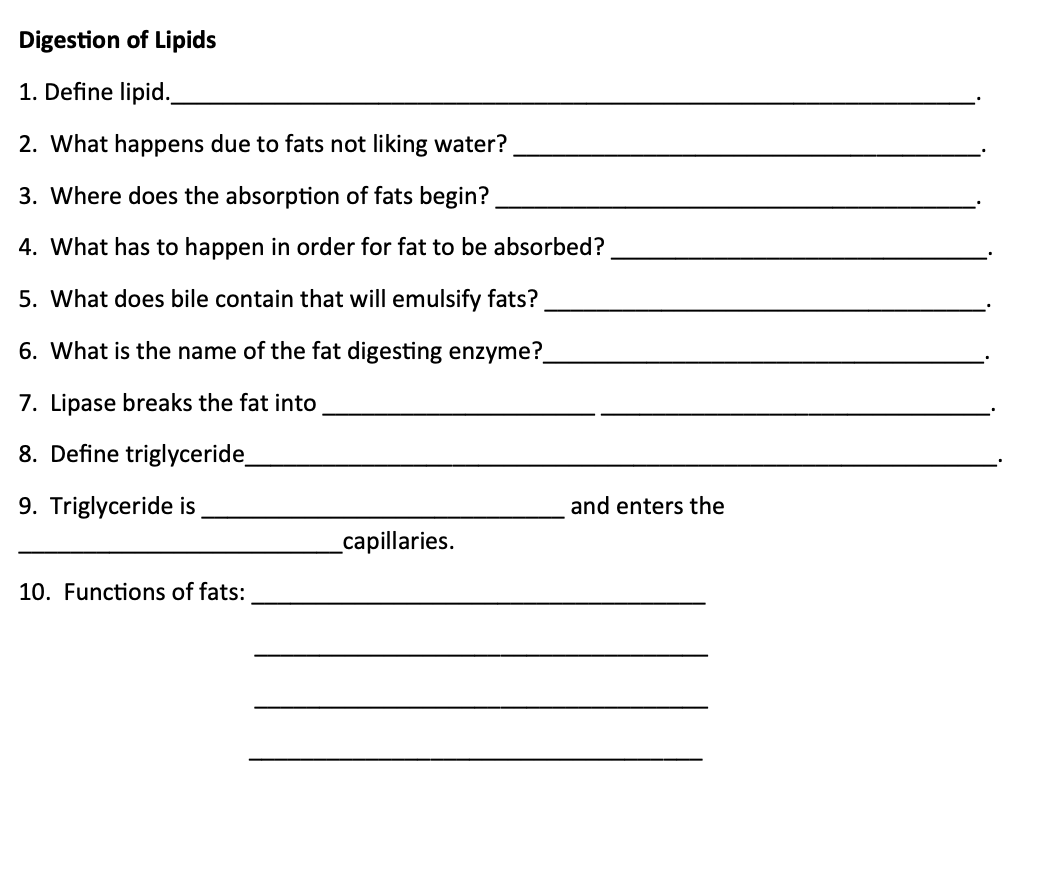 Solved Digestion of Lipids 1. Define lipid. 2. What happens | Chegg.com
